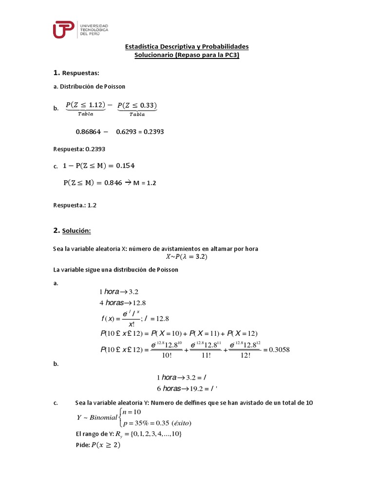 Respuestas:: Estadística Descriptiva y Probabilidades Solucionario (Repaso para La PC3) | PDF ...
