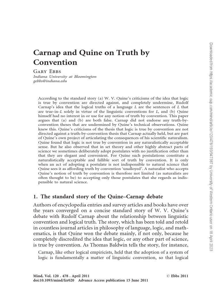 Ebbs - Carnap and Quine On Truth by Convention - 4-17-23 | PDF