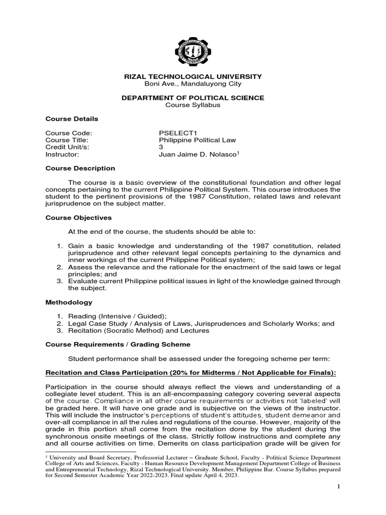 Rtu Syllabus PSELECT1 2nd Semester 2022-2023 FINAL | PDF