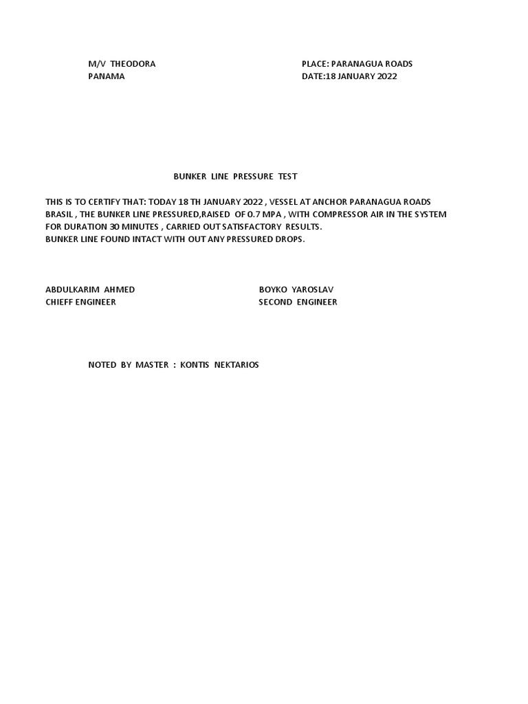 Bunker Line Pressure Test | PDF