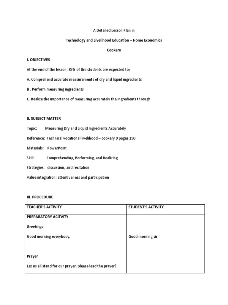 Detailed Lesson Plan in Grade 8 Measuring Dry and Liquid Ingredients ...