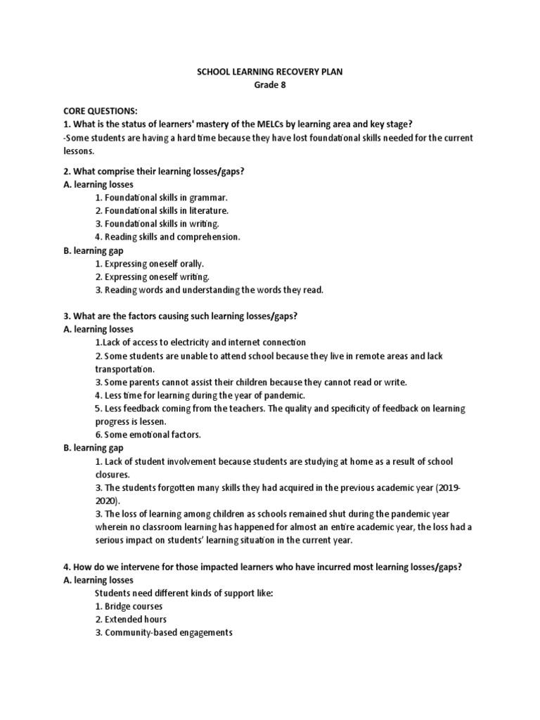 School Learning Recovery Plan - Grade 8 | PDF | Learning | Teachers School Learning Recovery Plan - Grade 8 | PDF | Learning | Teachers
