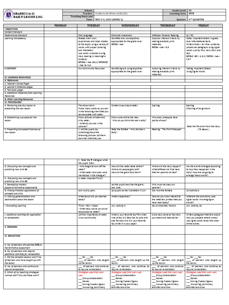 GRADES 1 To 12 Daily Lesson Log Monday Tuesday Wednesday Thursday ...