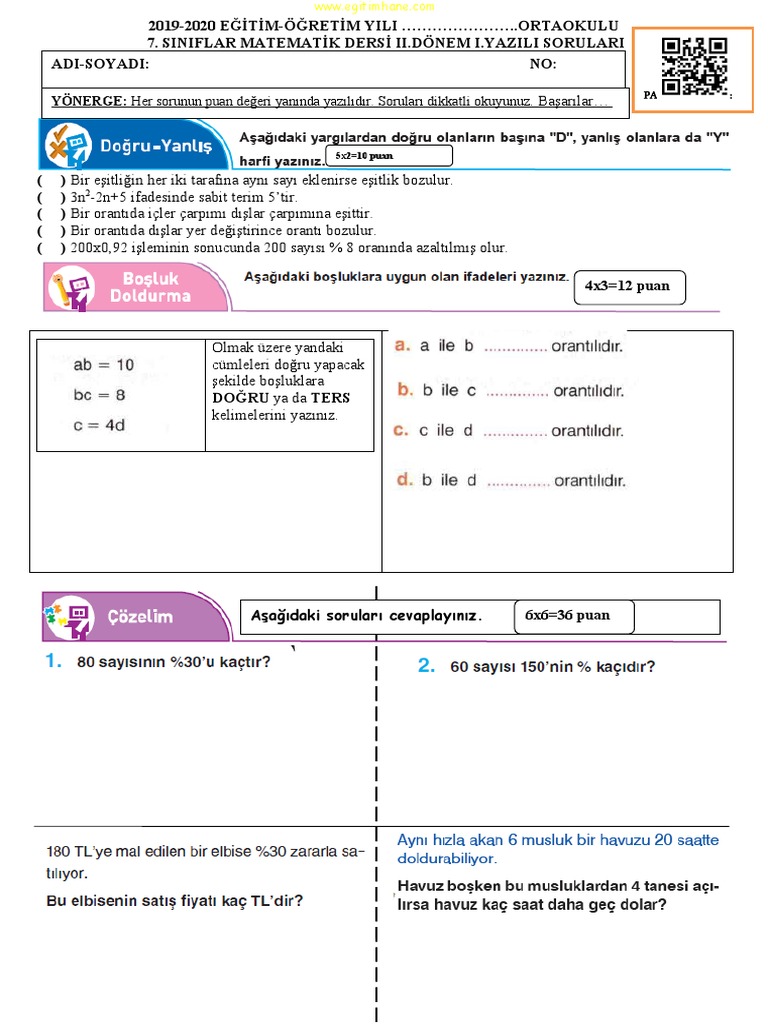 7.sinif.2donem 1 Matematik Yazilisi | PDF