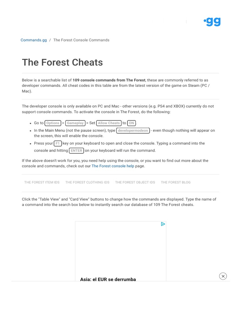 The Forest Console Commands List - Commands - GG | Download Free PDF ... The Forest Console Commands List - Commands - GG | Download Free PDF ...