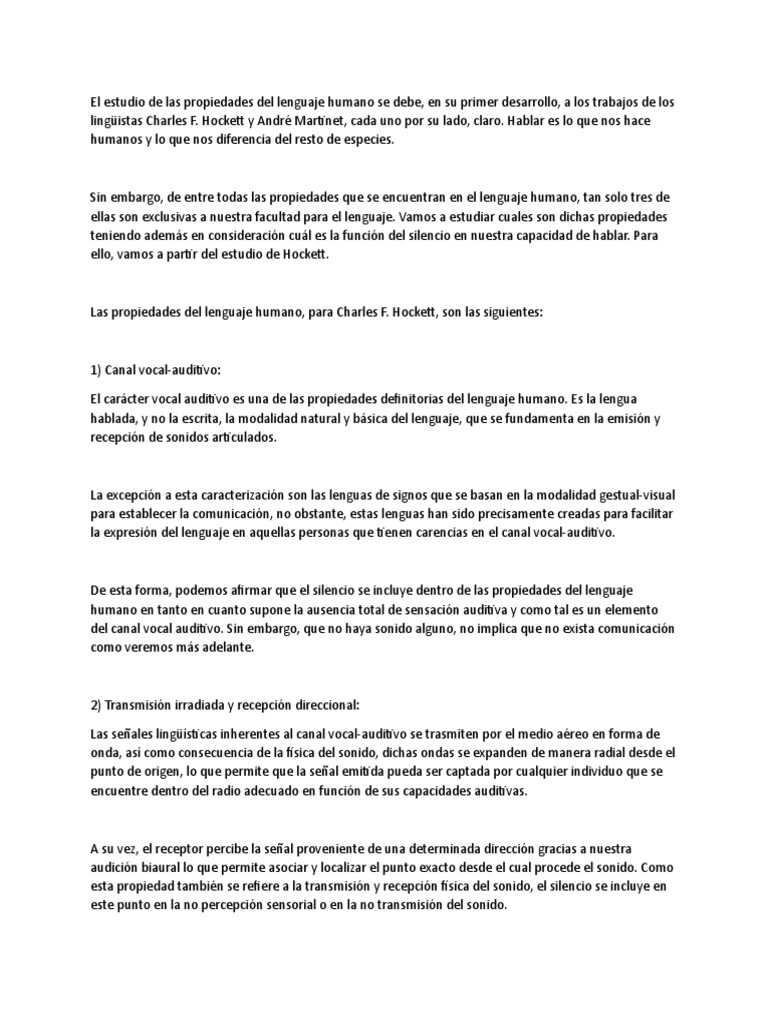 Propiedades del lenguaje humano según Hockett | PDF | Comunicación | Sonido