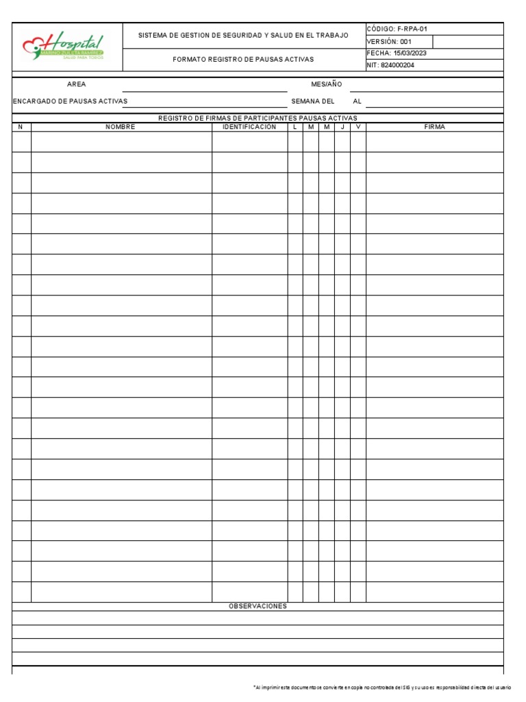 FR-GTH-18 Formato Registro de Pausas Activas v1 | PDF