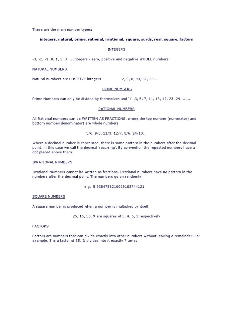 Integers, Natural, Prime, Rational, Irrational, Square, Surds, Real ...