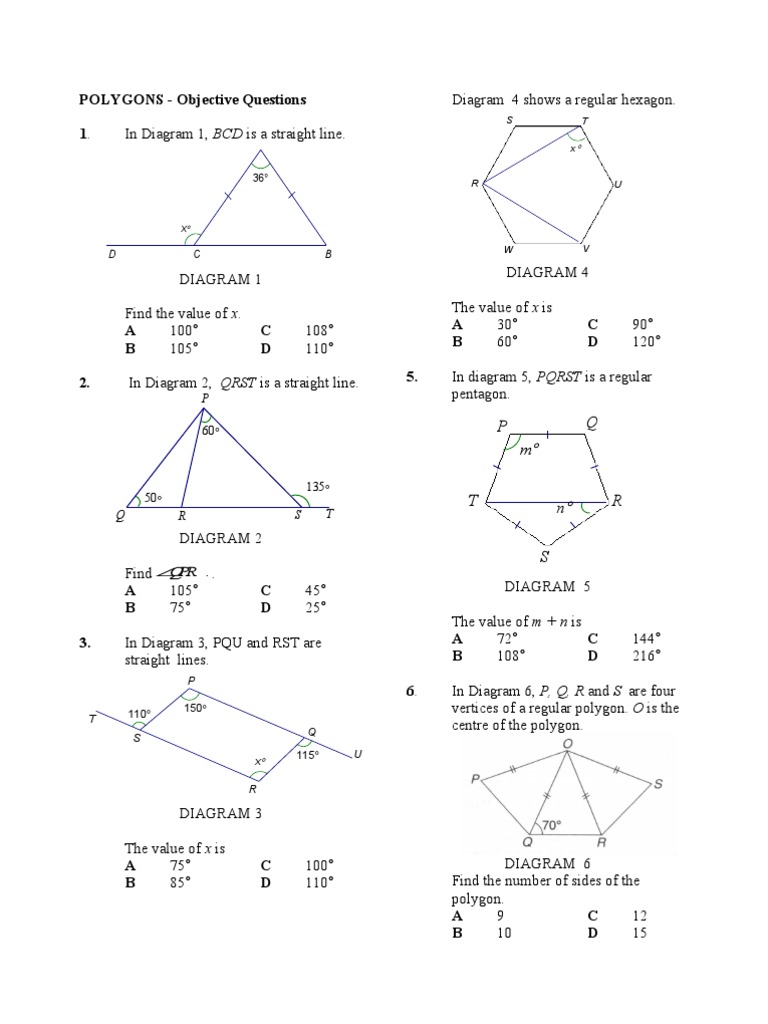 POLYGONS - Objective Questions 1.: in Diagram 2, QRST Is A Straight ...