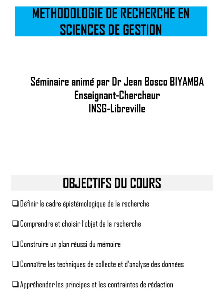 Séminaire Animé Par DR Jean Bosco BIYAMBA Enseignant-Chercheur INSG ...