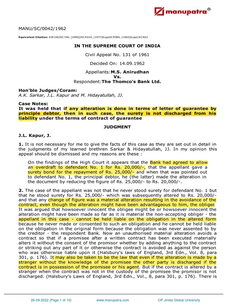 Anirudhan Case Manupatra With Case Note | PDF | Guarantee | Lawsuit