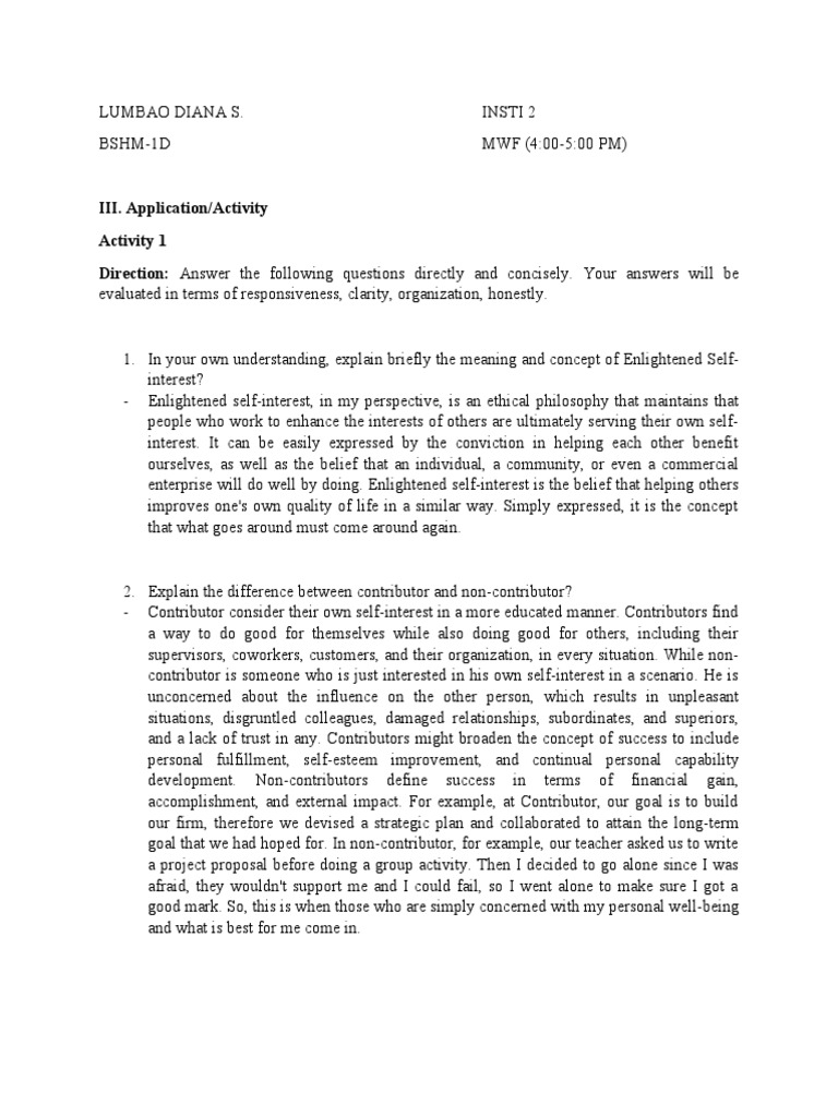 III. Application/Activity Activity 1 Direction: Answer The Following Questions Directly and ...