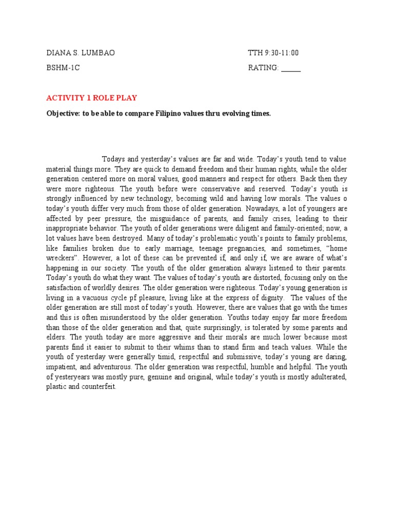 Activity 1 Role Play: Objective: To Be Able To Compare Filipino Values ...