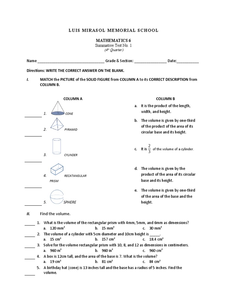 Grade 6 Math Volume Test | PDF | Volume | Area
