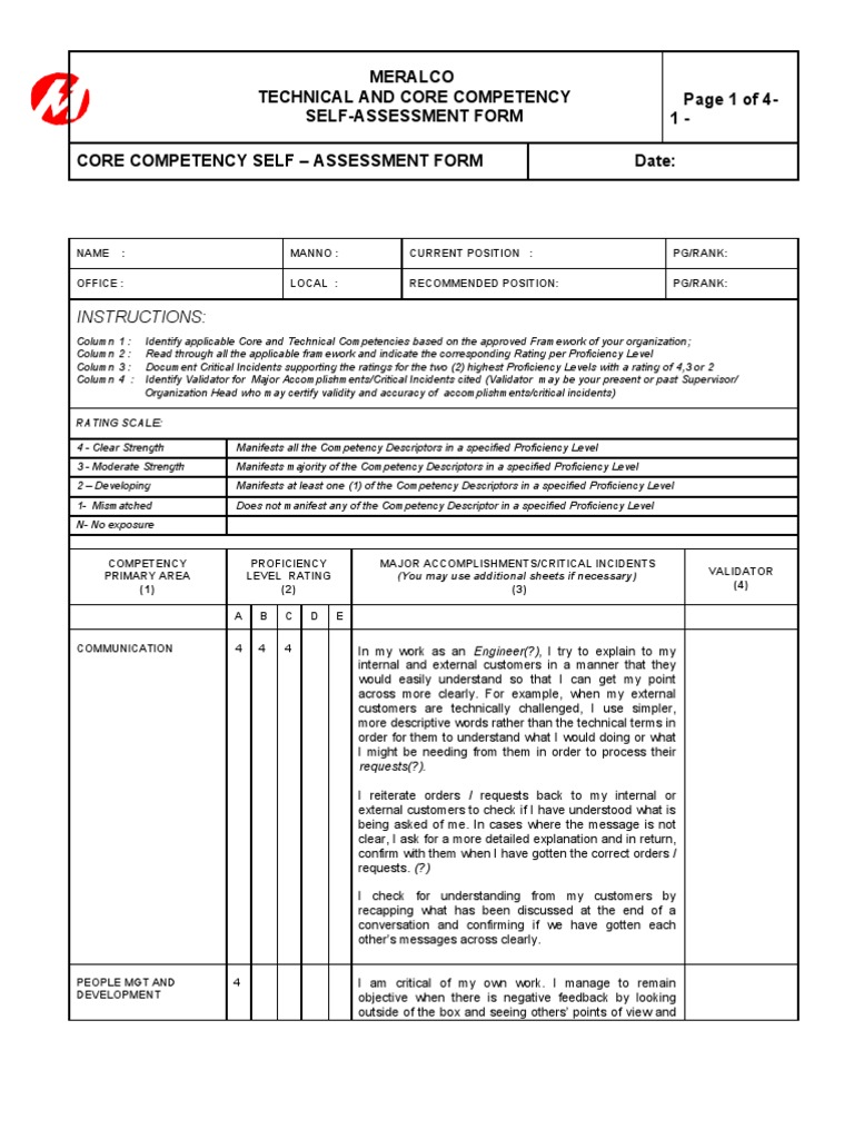 Core Competency Self - Assessment Form of Jason Carlo Tolibas | PDF ...