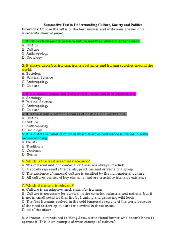 Understanding Culture and Society Test | PDF | Sociology | Society