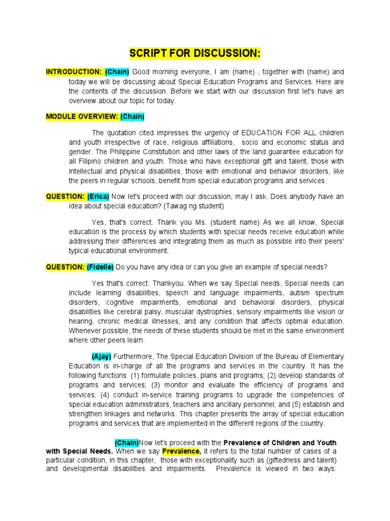 Script For Discussion | PDF | Inclusion (Education) | Special Education
