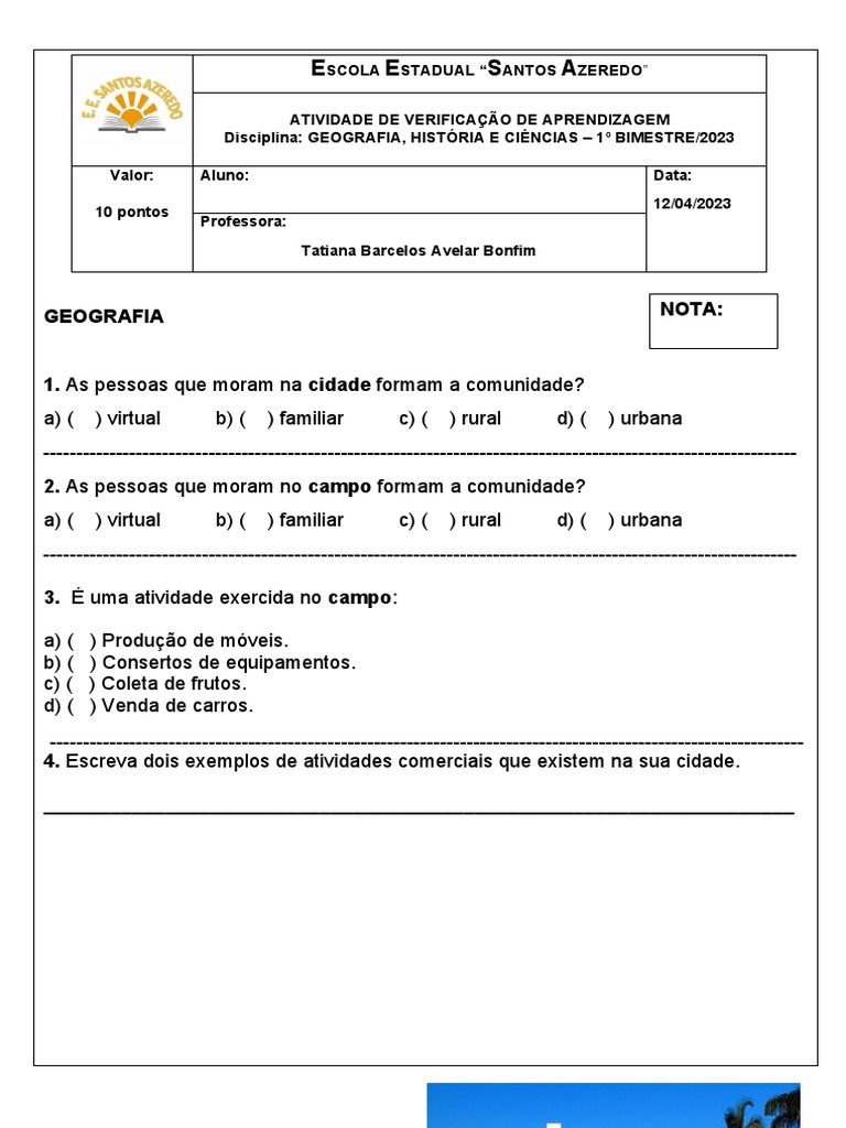 Avaliação de Geografia, História e Ciências - 3º Ano - 1º Bimestre ...