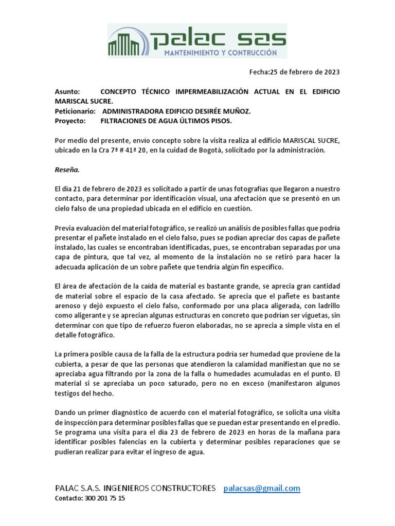 Concepto Tecnico Impermeabilización EdificioMariscalSucre | PDF | Techo | Hormigón