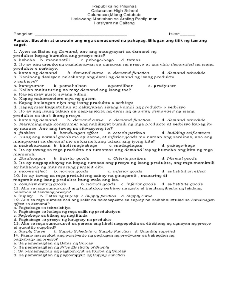 Panuto: Basahin at Unawain Ang Mga Sumusunod Na Pahayag. Bilugan Ang Titik NG Tamang Sagot | PDF