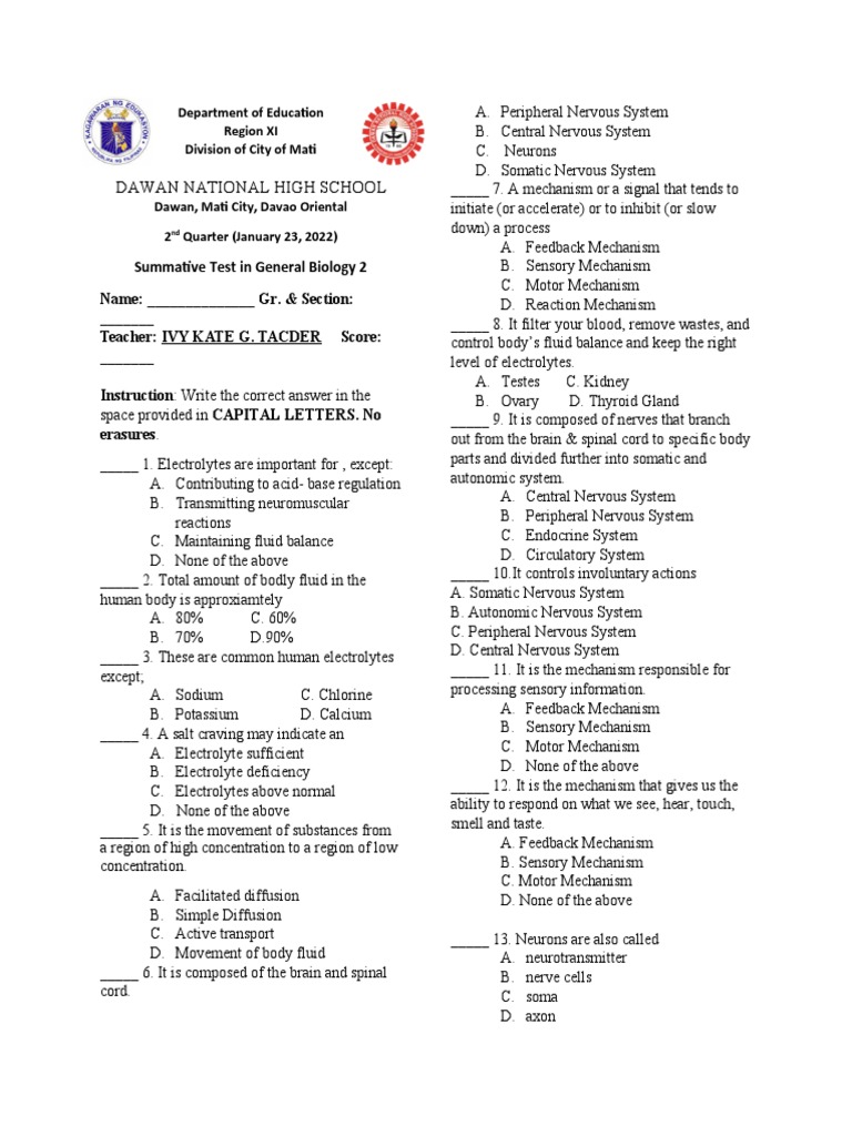 The Nervous System: A Summative Test on the Structure and Functions of ...