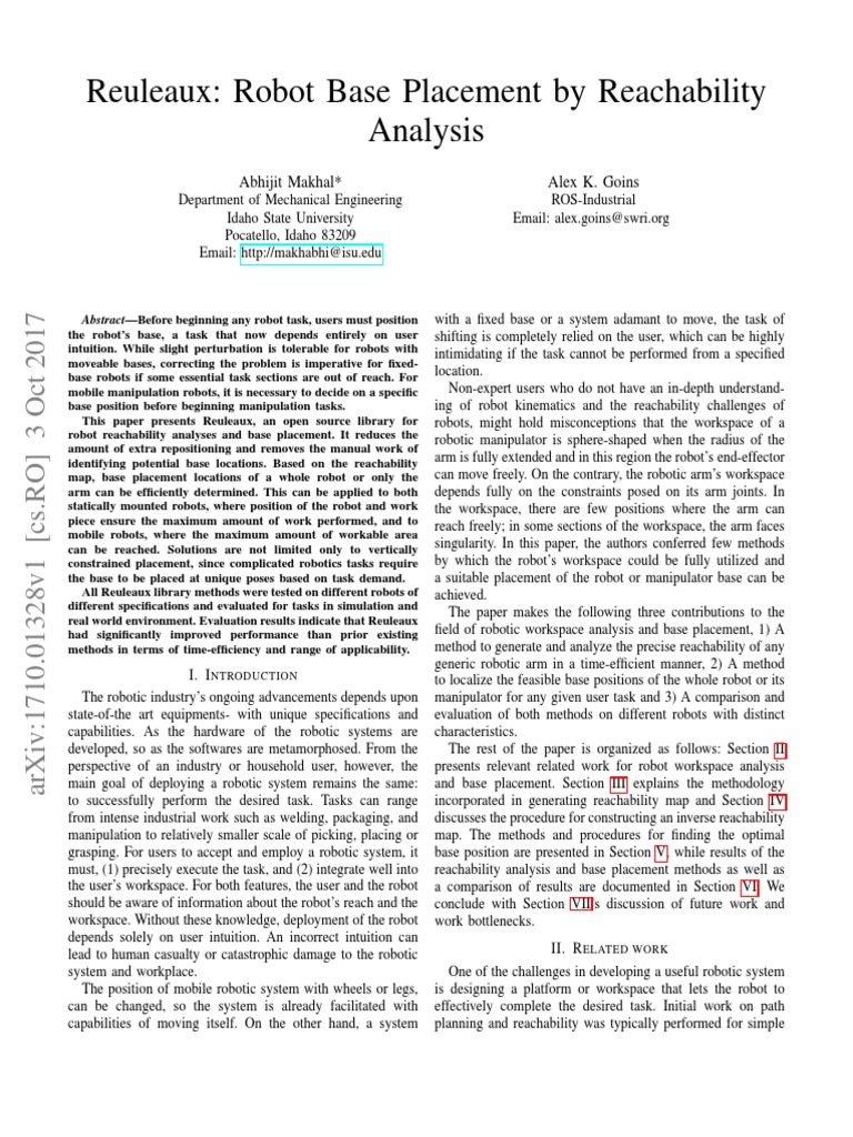 Abhijit Makhal, 2017. (ArXiv) Reuleaux - Robot Base Placement by Reachability Analysis | PDF ...