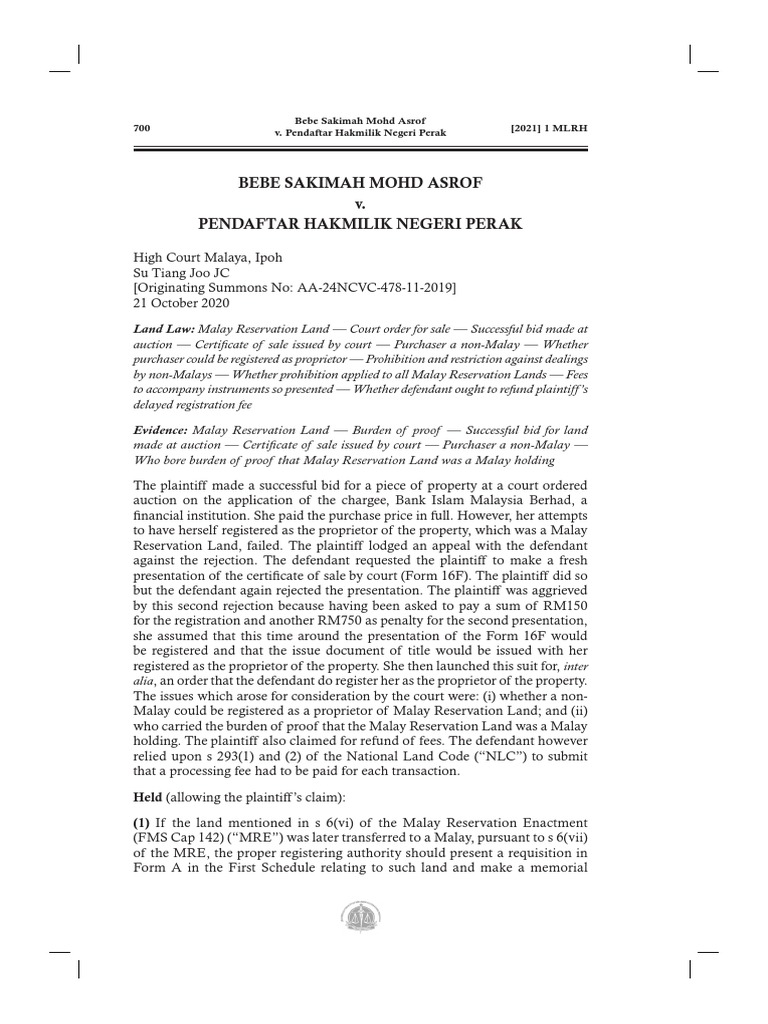 BEBE SAKIMAH MOHD ASROF v. PENDAFTAR HAKMILIK NEGERI PERAK | PDF | Burden Of Proof (Law) | Auction