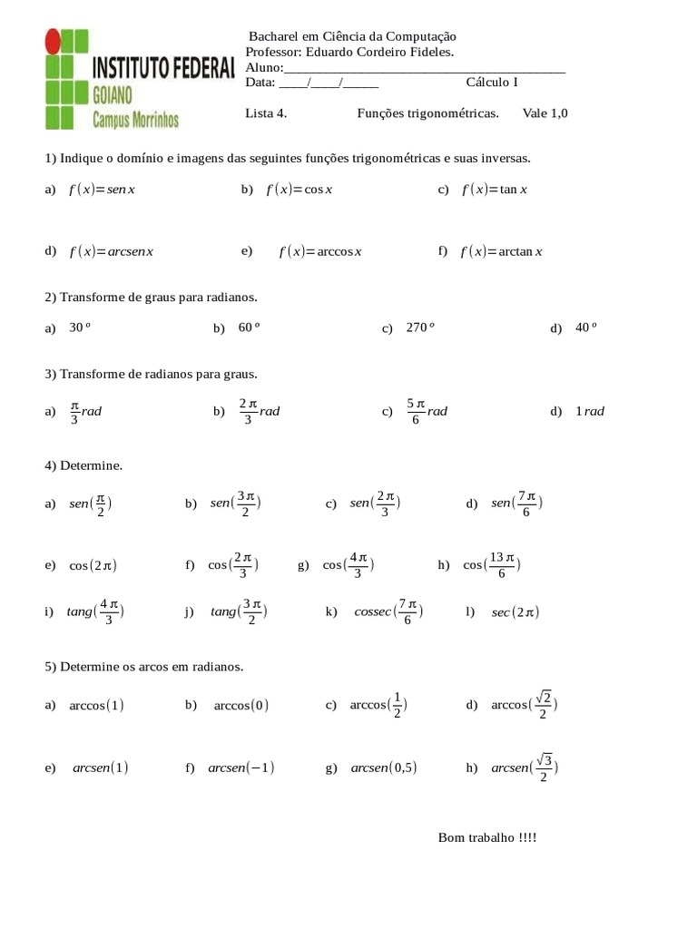 Lista 4 Funções trigonométricas | PDF | Geometria Elementar | Combinatória