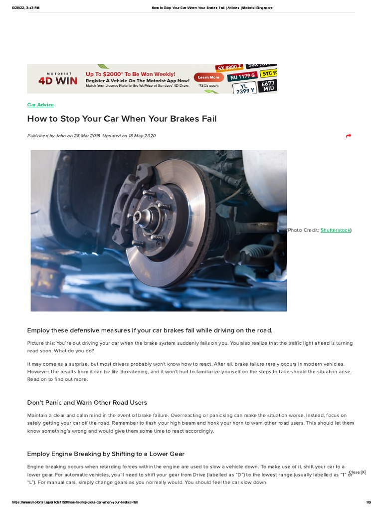 How To Stop Your Car When Your Brakes Fail - Motorist Singapore | PDF