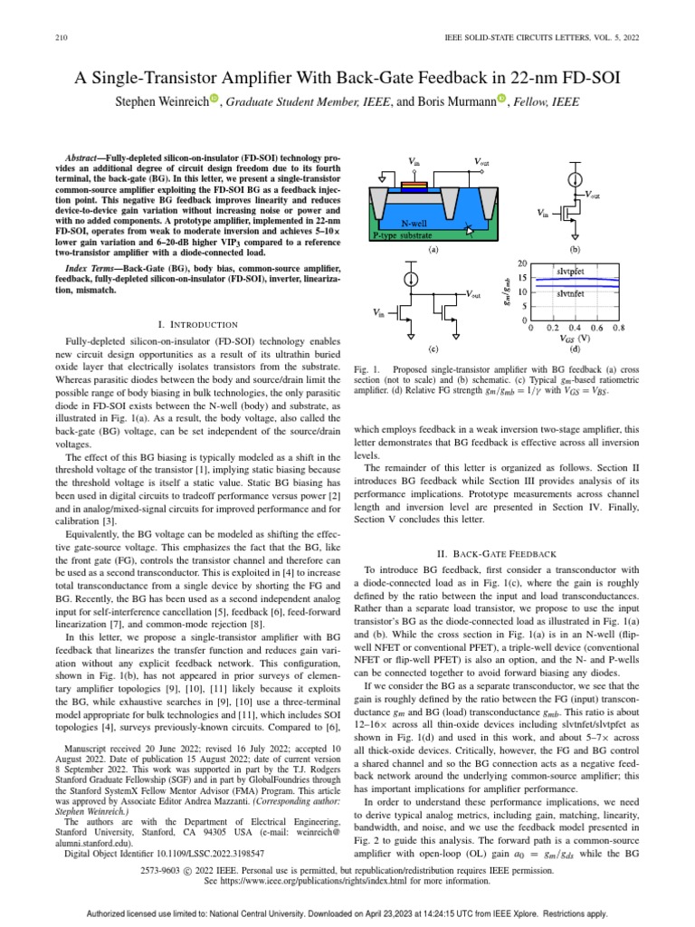 A Single Transistor Amplifier With Back Gate Feedback In 22 Nm Fd Soi Pdf Amplifier Field