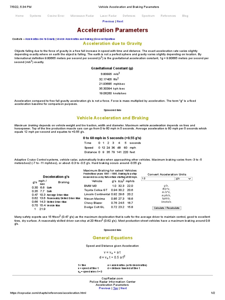 Vehicle Acceleration and Braking Parameters | PDF