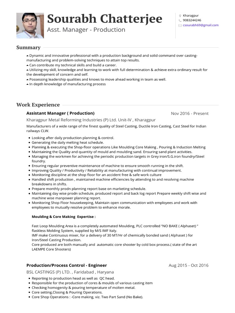 Sourabh Chatterjee VisualCV Resume | PDF | Casting (Metalworking ...