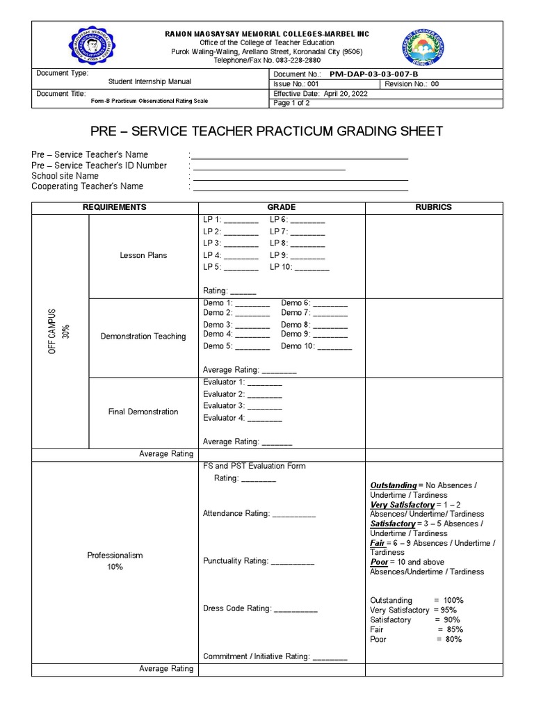 Pre - Service Teacher Practicum Grading Sheet | PDF | Behavior Modification | Learning