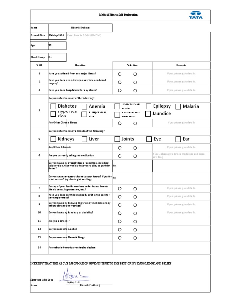 Medical Fitness Self Declaration | PDF