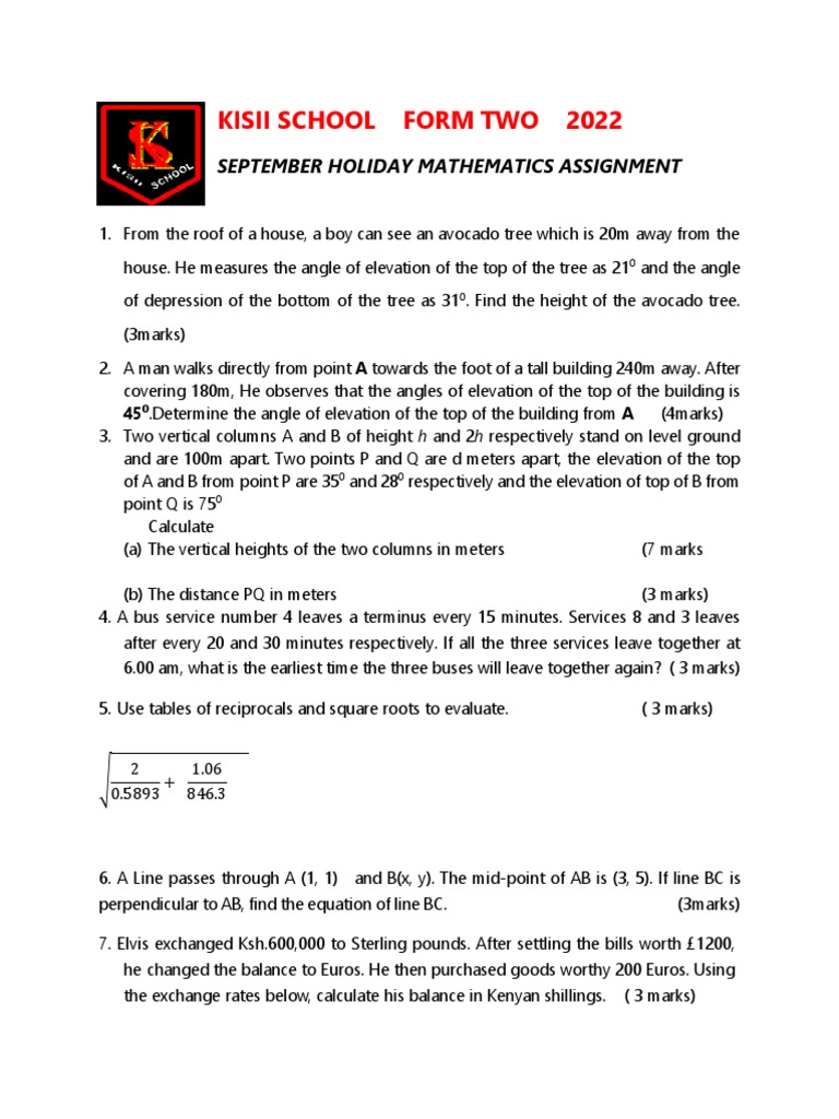 Mathematics Problems on Geometry, Algebra, and Time Calculations for Form Two September Holiday ...