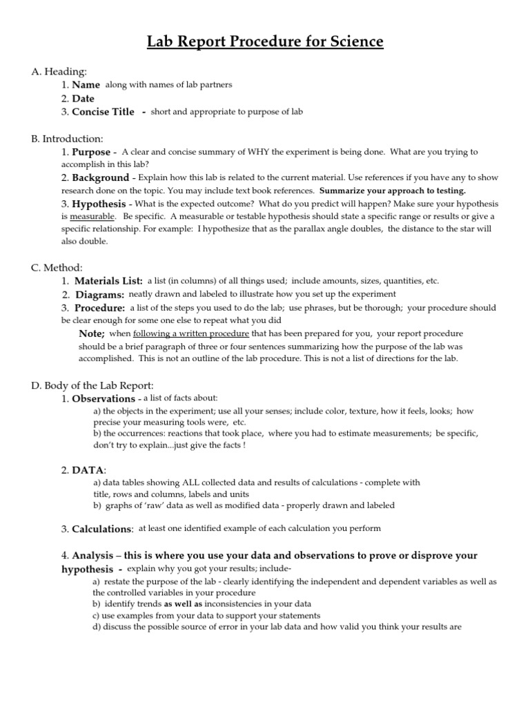Lab Report Procedure For Science: Name Date Concise Title | PDF