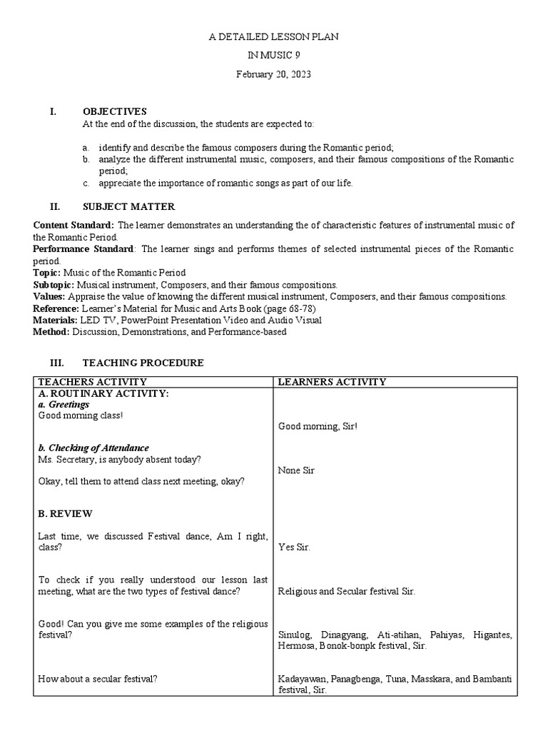 Lesson Plan: Romantic Music Composers | PDF | Franz Liszt | Frédéric Chopin