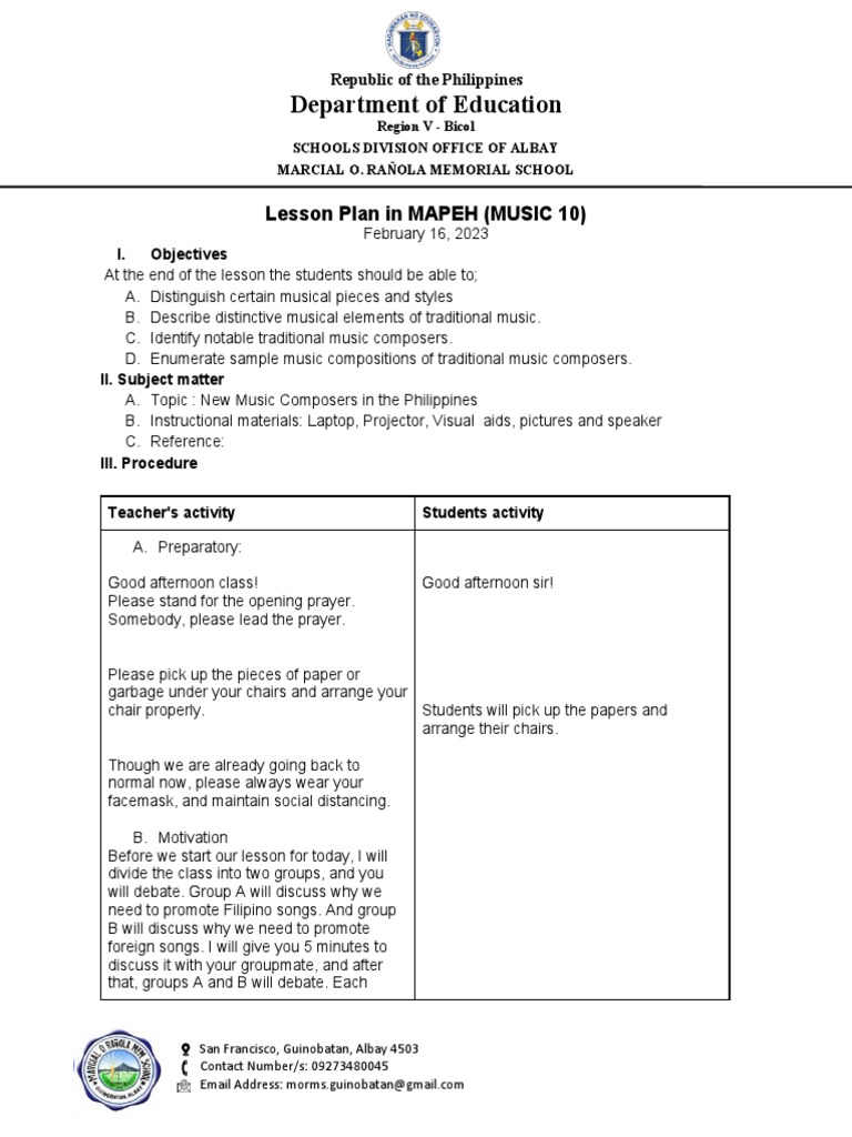 LESSON 2 - Lesson Plan in MAPEH | PDF