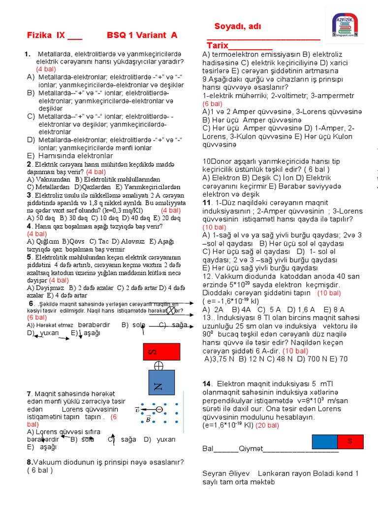 Fizika 9 - BSQ - 1 - Variant - A - B - Seyran - Aliyev | PDF