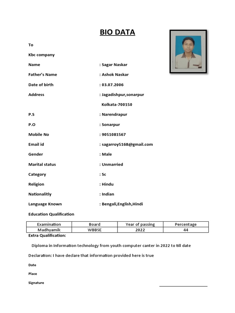BIO DATA. Sagar | PDF