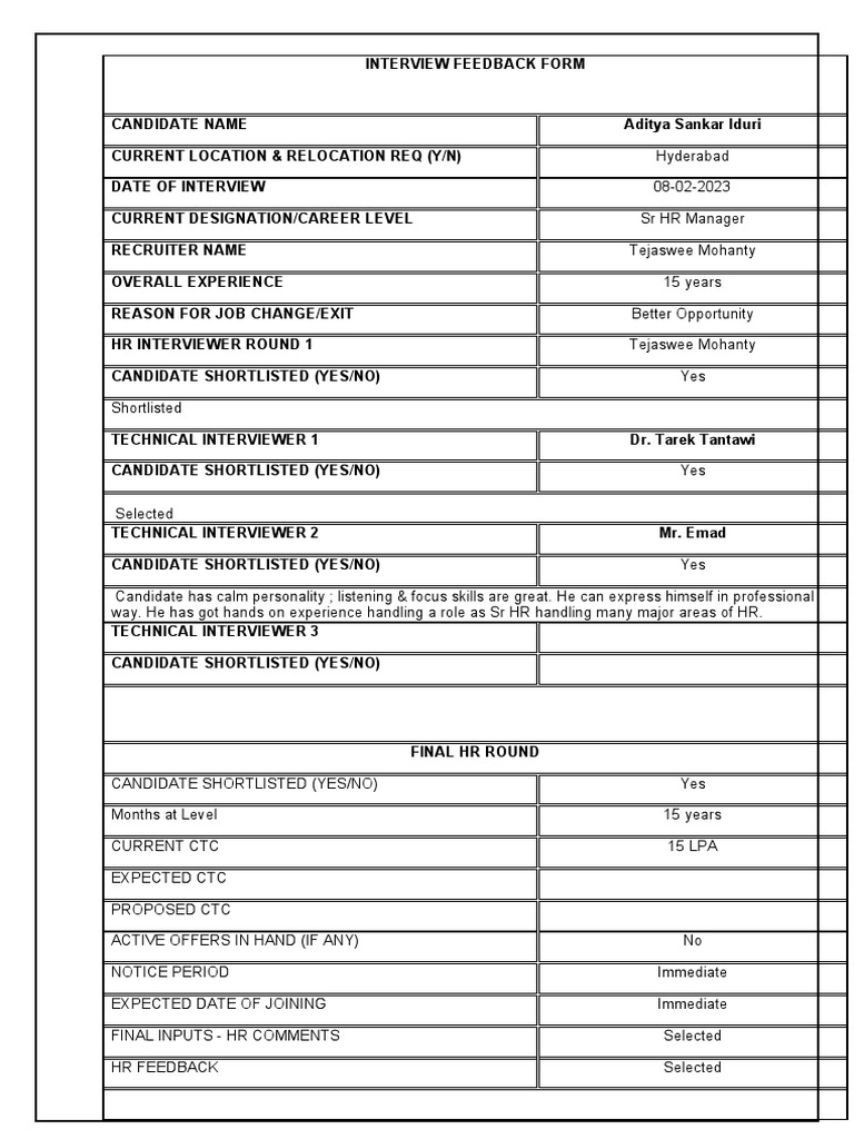 AdityaSankarIduri - 15y - 0m - HR Feedback Form | PDF | Compensation ...