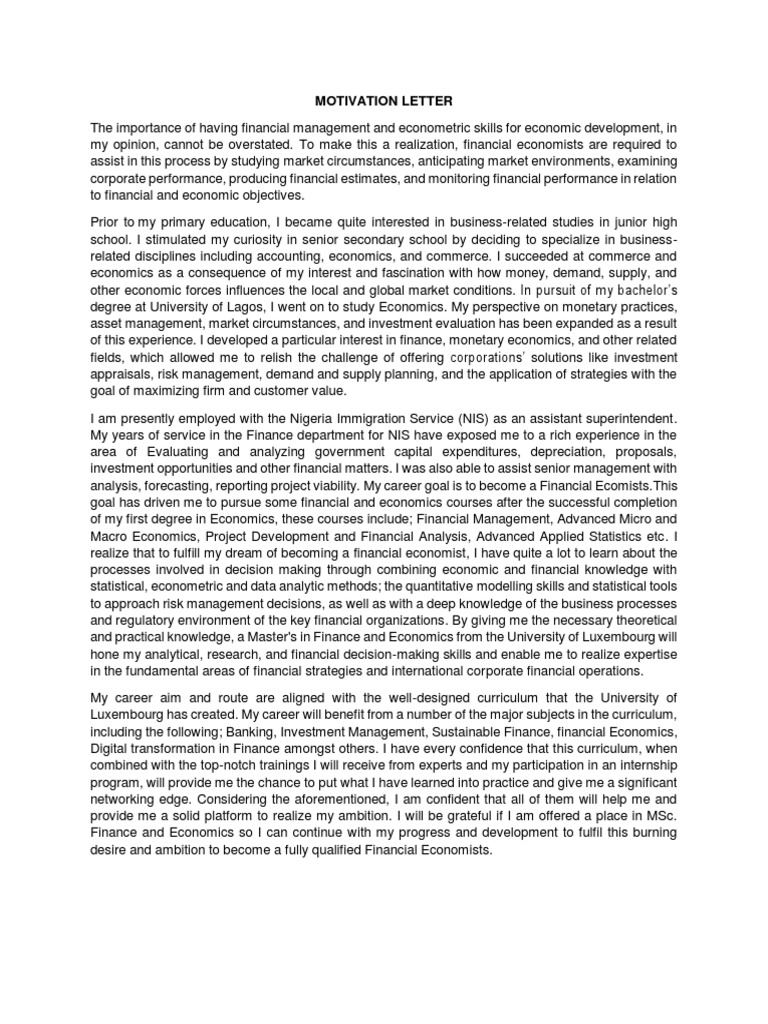 Master's in Finance Motivation Letter | PDF | Economics | Financial ...
