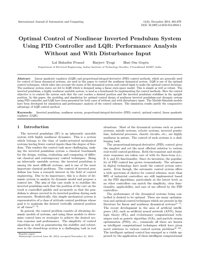 8_Optimal Control of Nonlinear Inverted Pendulum System | PDF
