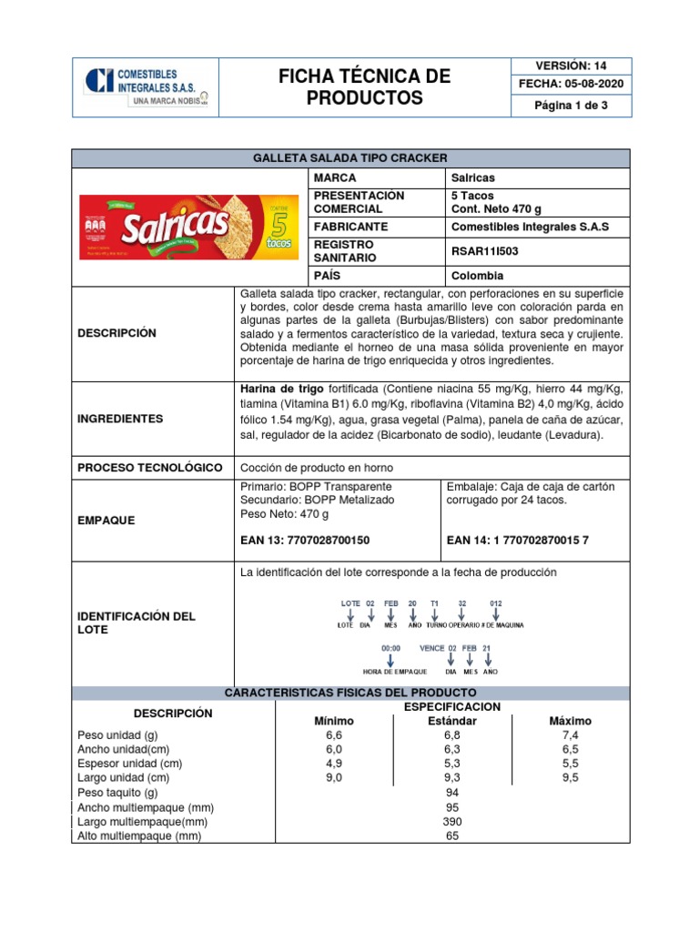 Ficha Tecnica Salricas | PDF | Alimentos | Queso