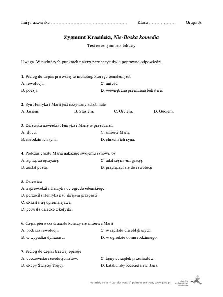 Test Nie-Boska Komedia kl-2 A-2 | PDF