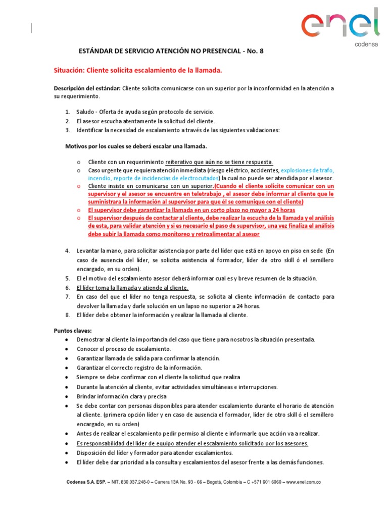 Protocolo Escalamiento Llamadas Codensa | PDF