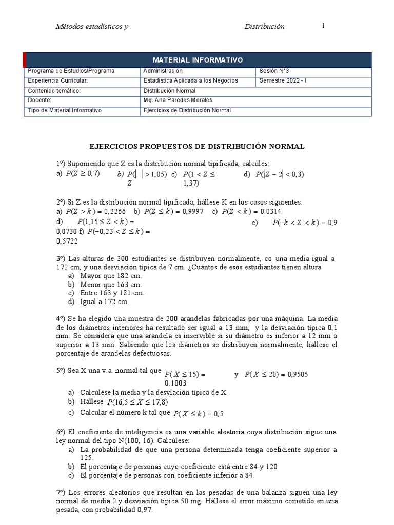Ejercicios de Distribucion Normal | PDF | Probabilidad | Desviación Estándar
