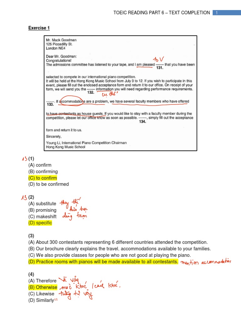 Exercise 1: Toeic Reading Part 6 - Text Completion | PDF