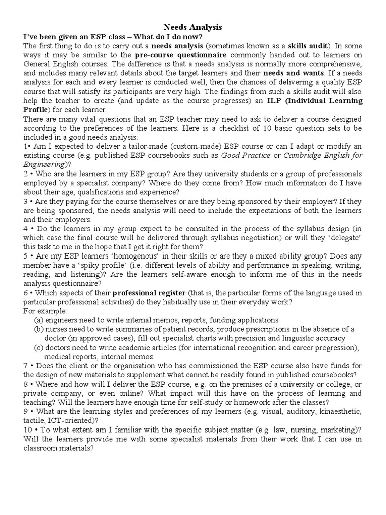 Needs Analysis | PDF | Learning | Nursing