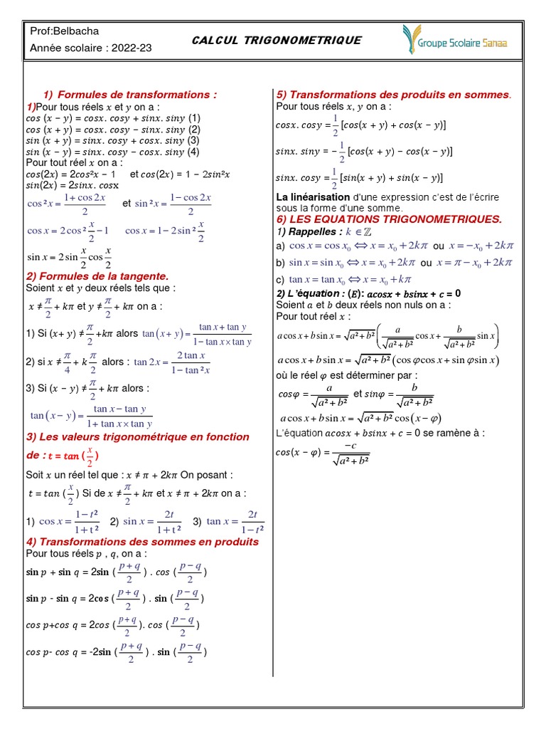 Formules Trigonométriques Essentielles | PDF | Physique mathématique ...